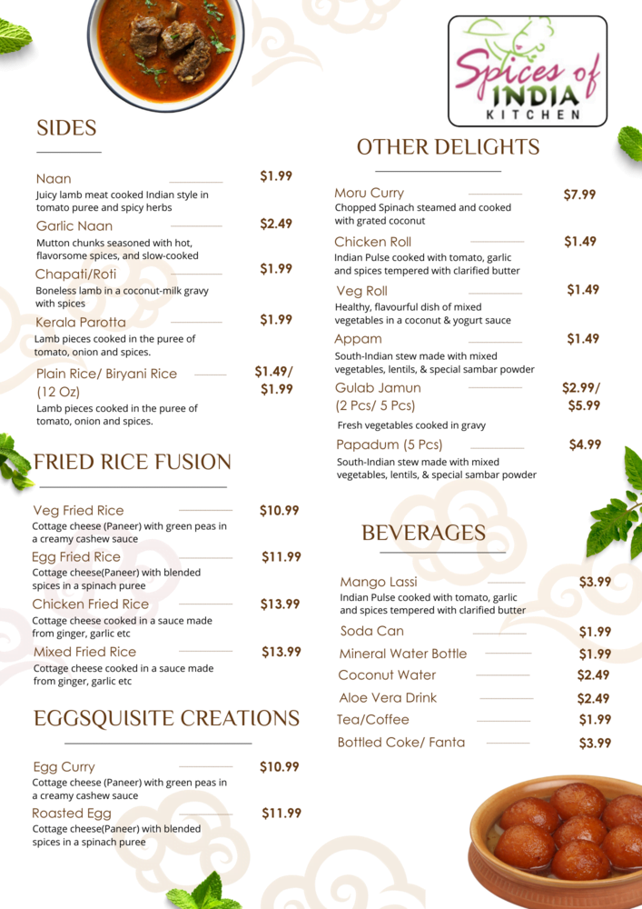 Menu - Spices of India Kitchen: Best Authentic South Indian Restaurant ...